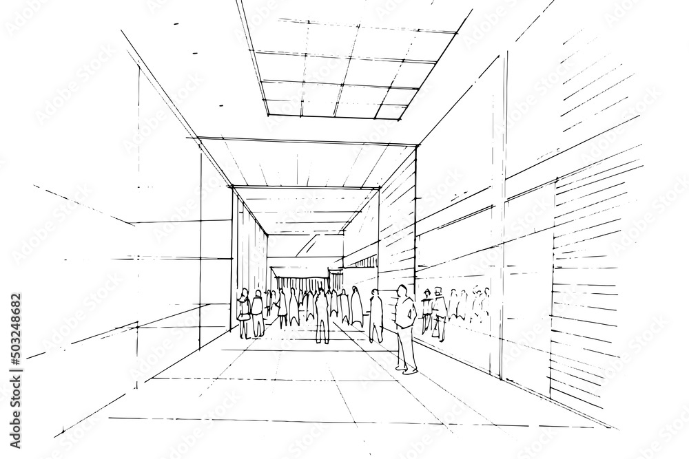 shopping mall sketch drawing,Fashion shops and people walking around ...