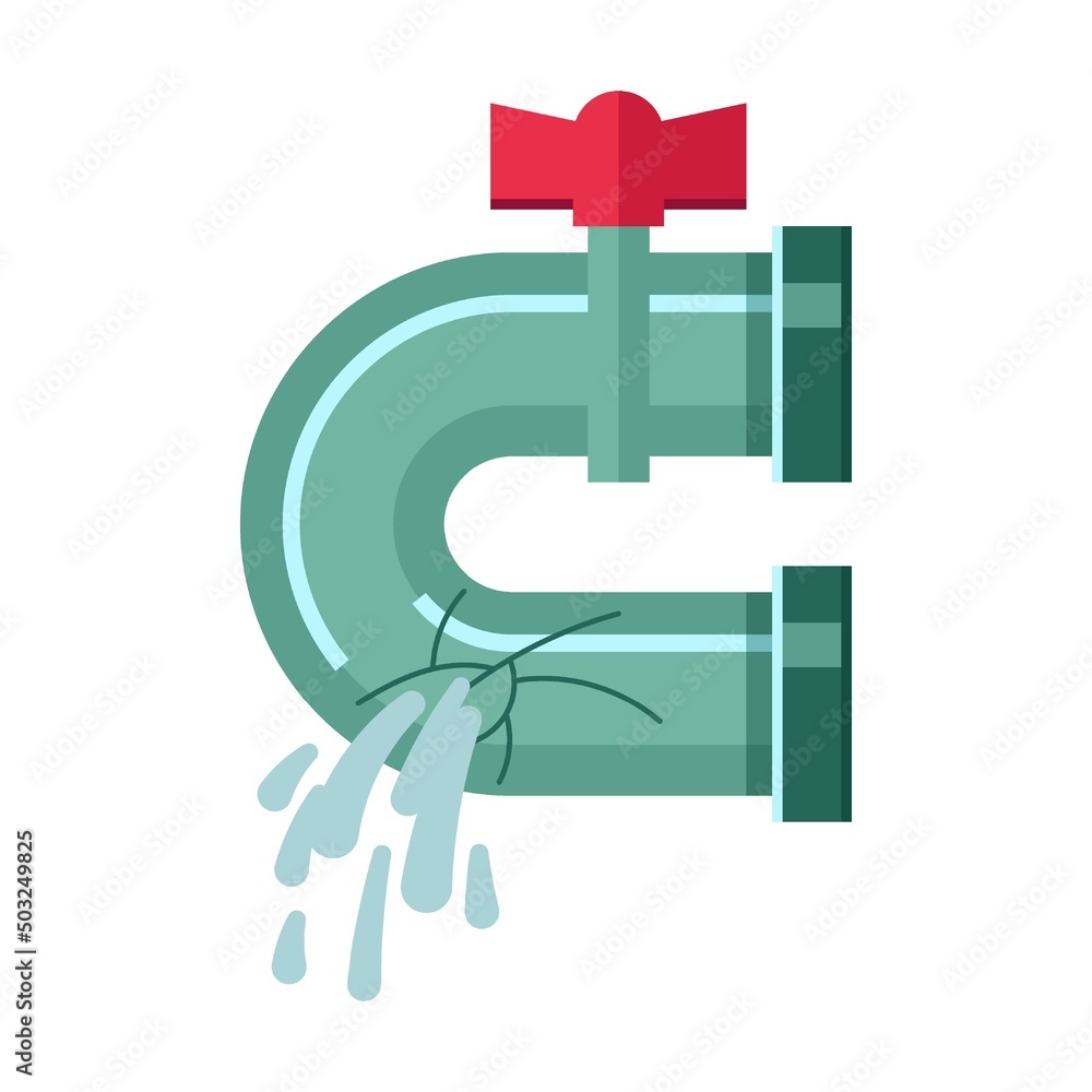 Broken curved metal pipe with leakage of water. Vector illustration of ...
