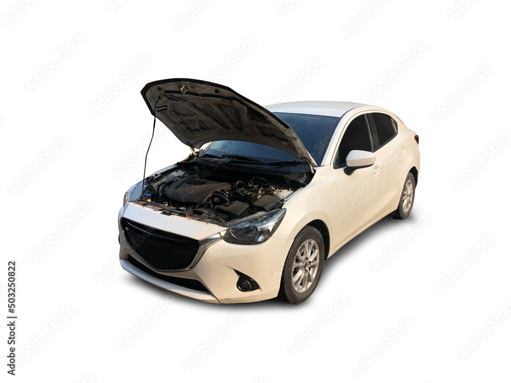 white car open hood on a white background,with clipping path,Indicates ...