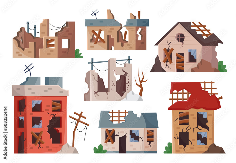 Old broken buildings set. Vector illustrations of destroyed houses ...