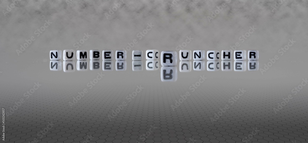 number cruncher word or concept represented by black and white letter ...