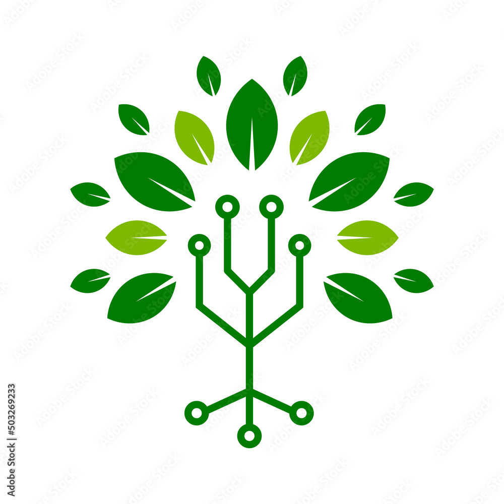Green tech tree symbol. Circuit board elements with a leaves. Digital ...