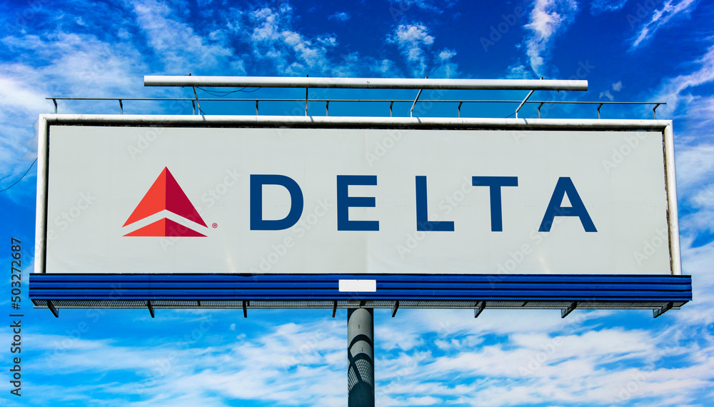Advertisement billboard displaying logo of Delta Air Lines Stock Photo ...
