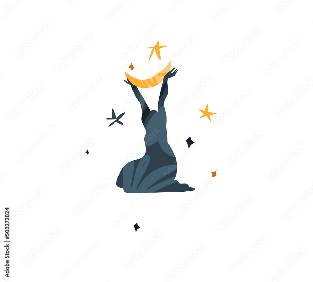 Esoteric space meditating woman character with a moon and star.Feminine ...
