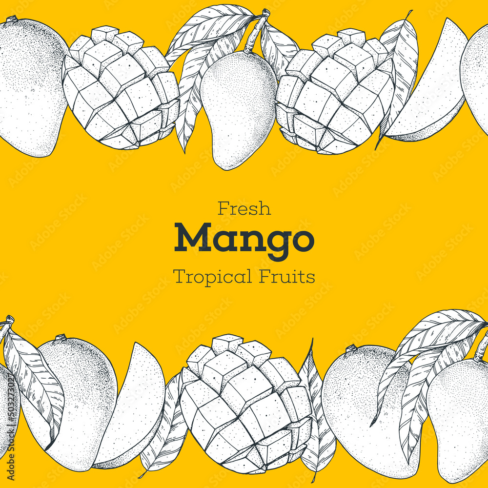 Mango fruit hand drawn package design. Vector illustration. Sketch for ...