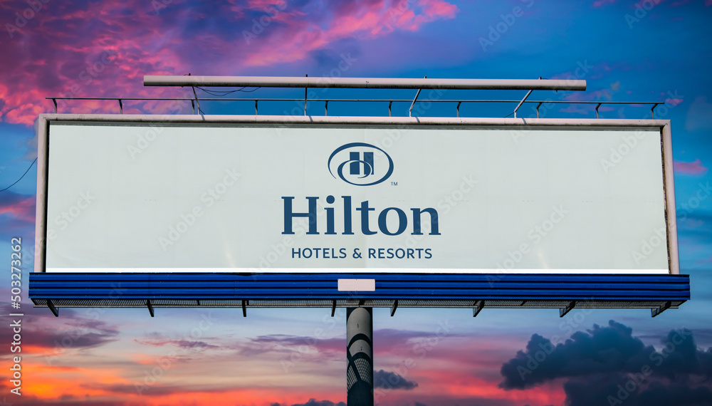 Billboard displaying logo of Hilton Hotels and Resorts Stock Photo ...
