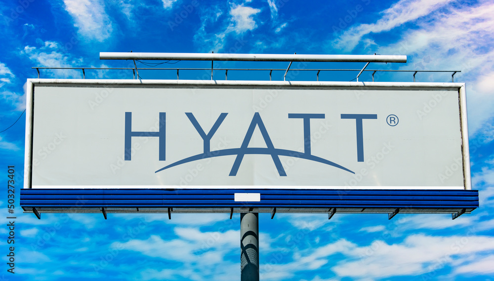 Billboard displaying logo of Hyatt Hotels Stock Photo | Adobe Stock