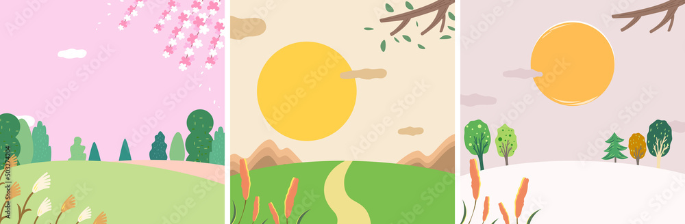 Four seasons in the park. Winter. Spring. Summer. Autumn. Panorama road ...