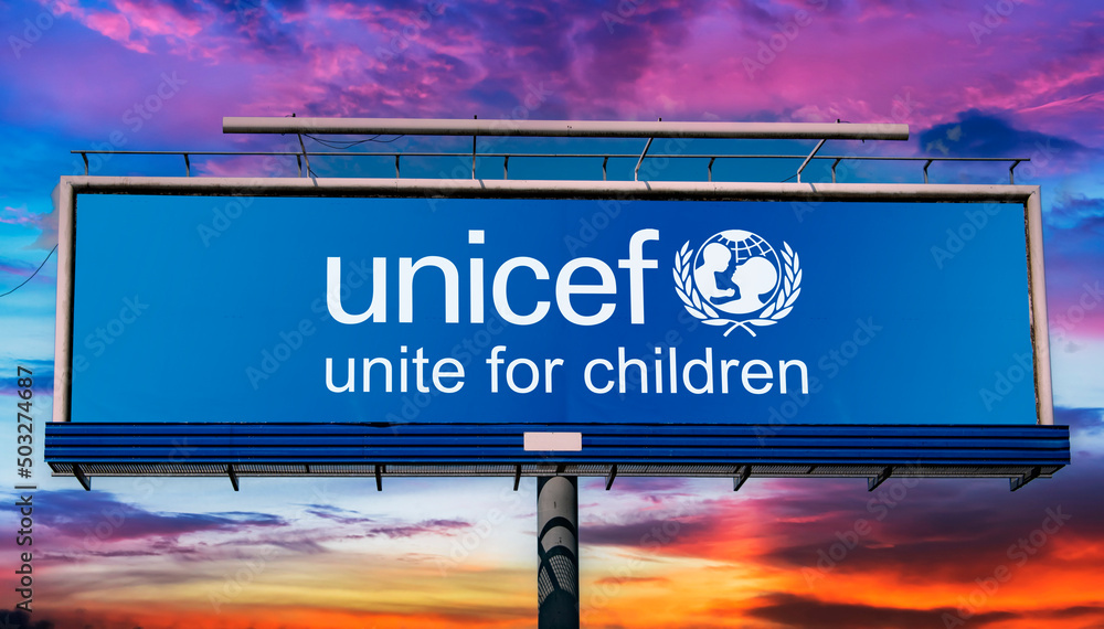 Advertisement billboard displaying logo of UNICEF Stock Photo | Adobe Stock