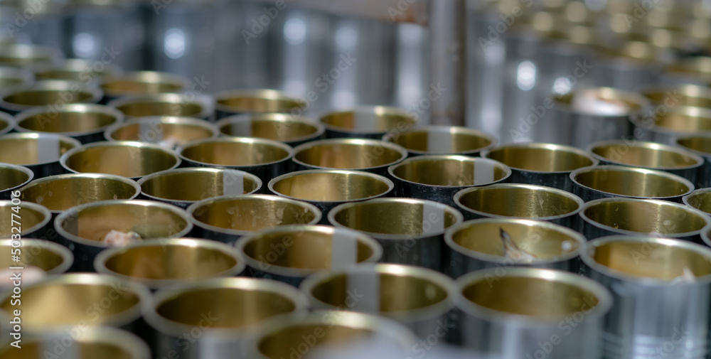 Canned fish factory. Food industry. Many can of sardines on a conveyor ...