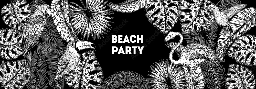 Tropical birds, palm leaves and flowers vector illustration.Toucan ...
