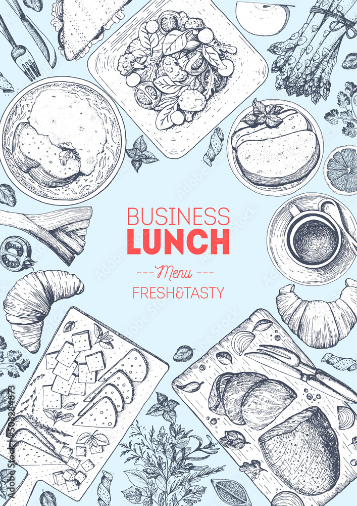 Business lunch top view frame. Food menu design. Vintage hand drawn ...
