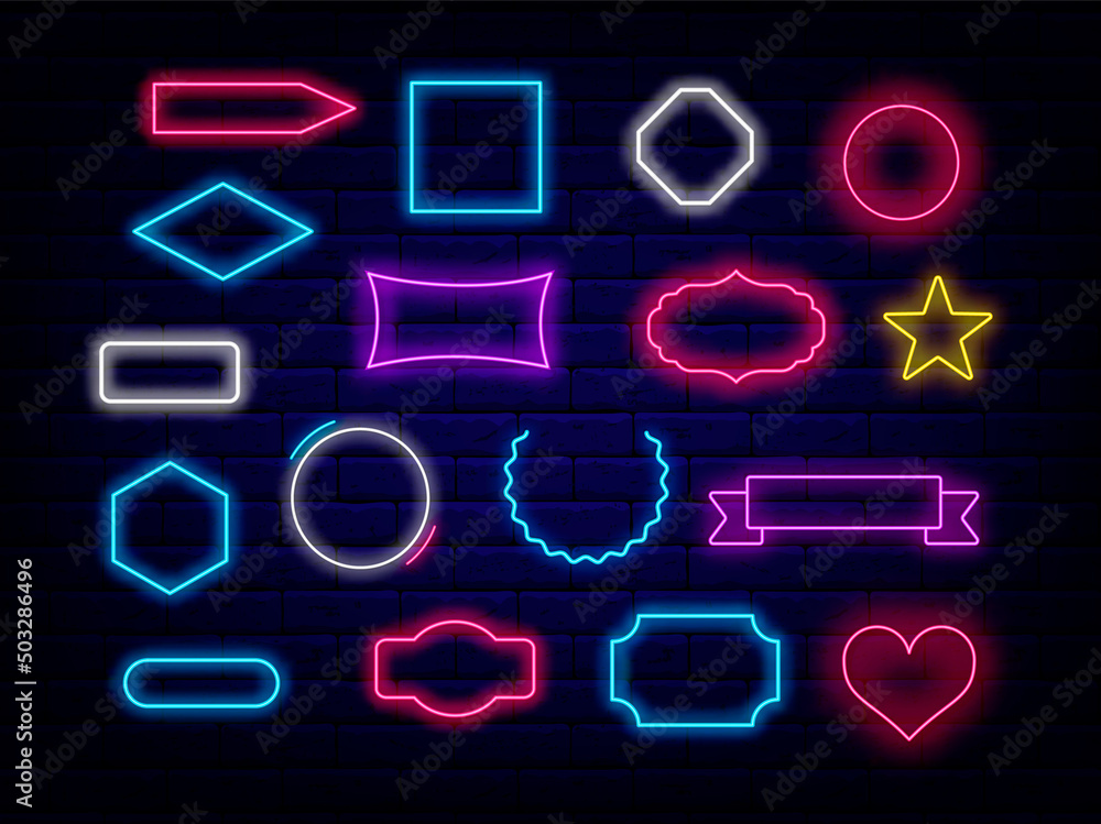 Colorful neon frames collection. Heart, star and ribbon framing ...