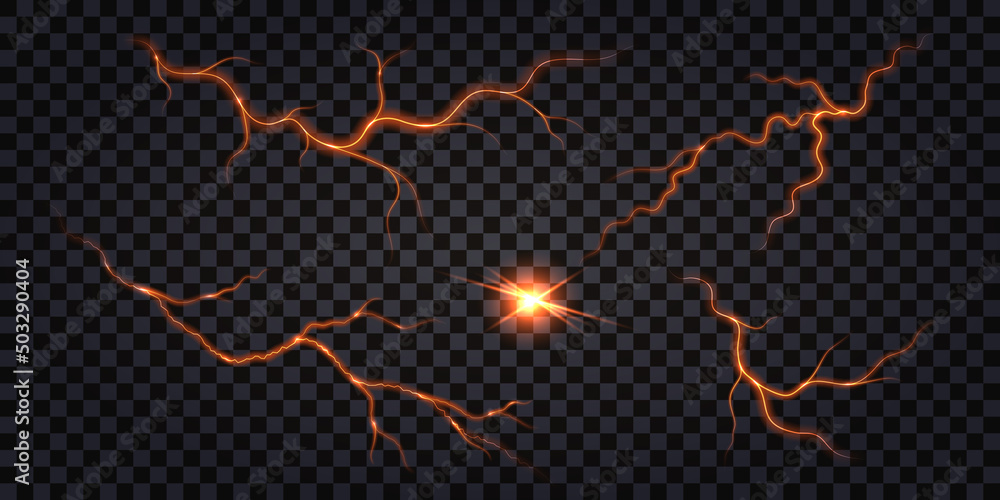 Lightning thunder bolt, glowing light effect. Earthquake ground cracks ...