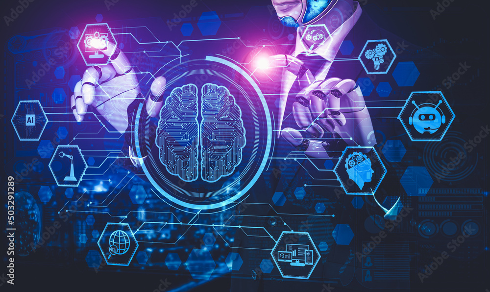 3D rendering artificial intelligence AI research of droid robot and ...