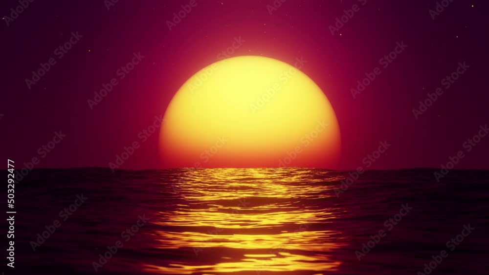 Big red hot sun in the reflection of the sea over the horizon ...