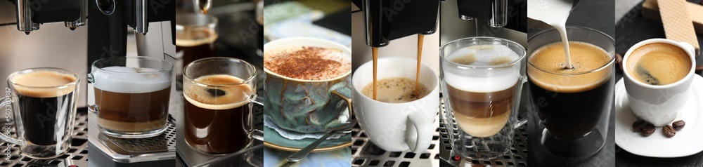 Beautiful collage with different photos of aromatic coffee. Banner ...