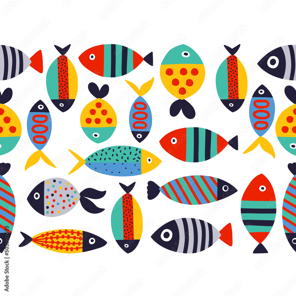 Vector seamless horizontal border with fish. Cute illustration. Stock ...