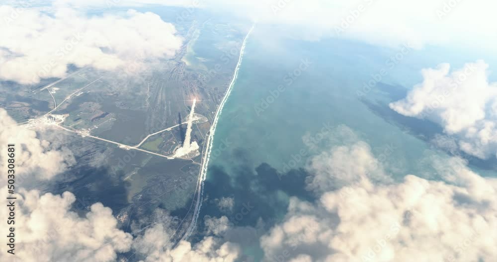 Launch of a space shuttle seen from airplane. Aerial View of Apollo ...
