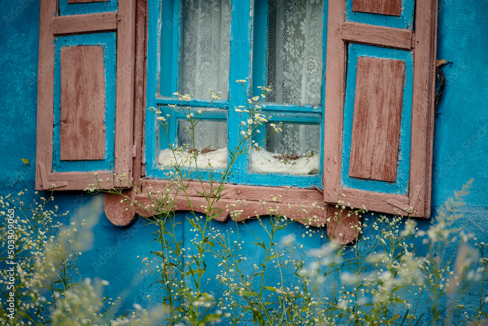 Window of an old traditional Ukrainian house in the village and flowers ...