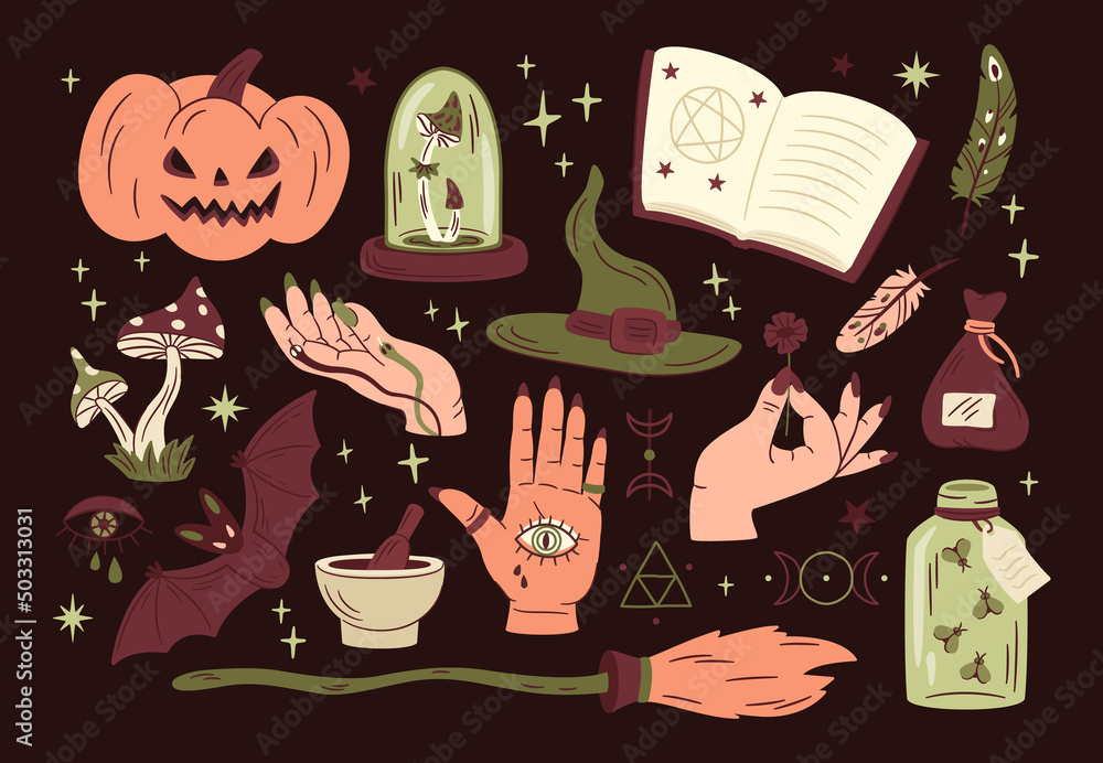 Halloween holiday spooky symbols, pumpkin, bat, mushrooms, witch hat ...