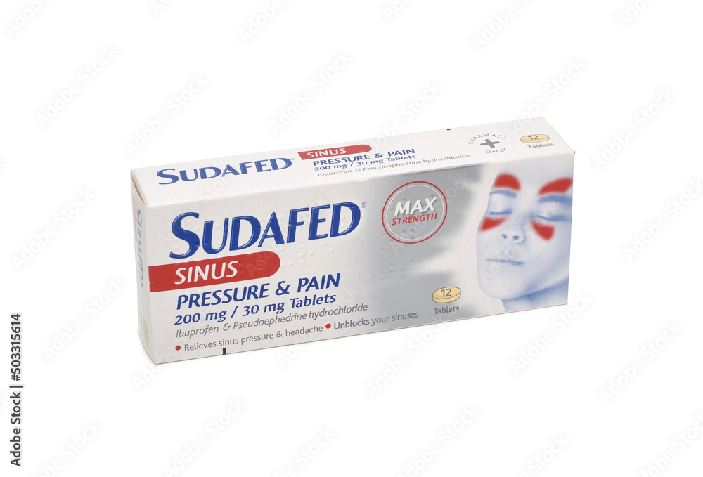 Sudafed Sinus Pain Relief Tablets Box isolated on white background ...