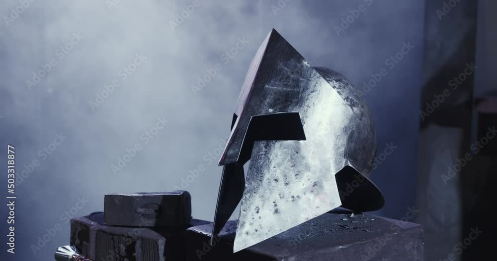 Side view of steel mask for knight, warrior protecting. Blacksmith ...