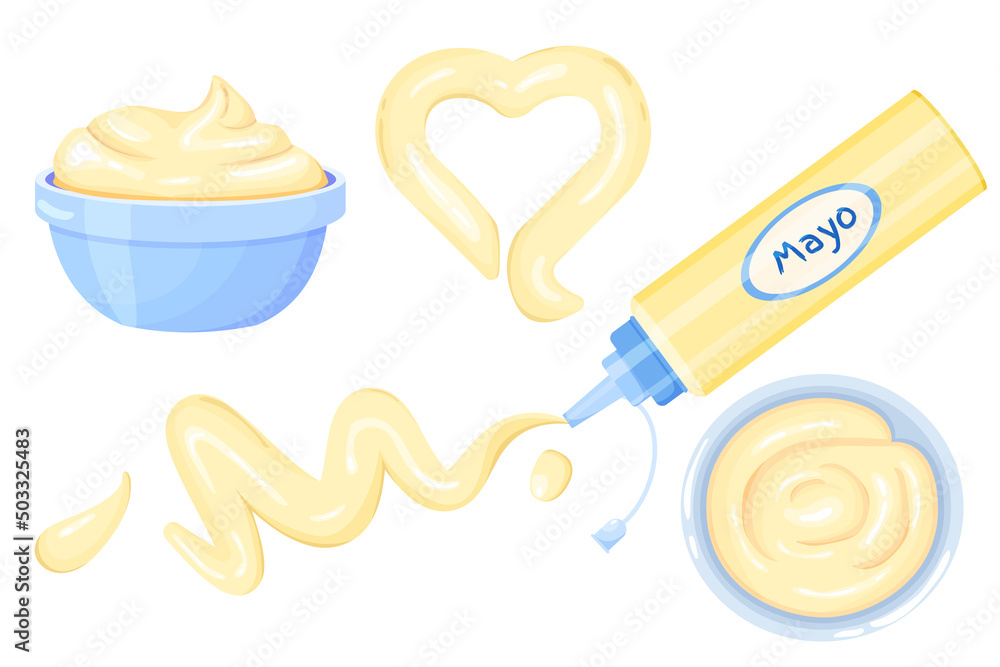 Vector set with a cartoon splash of mayonnaise isolated on a white ...