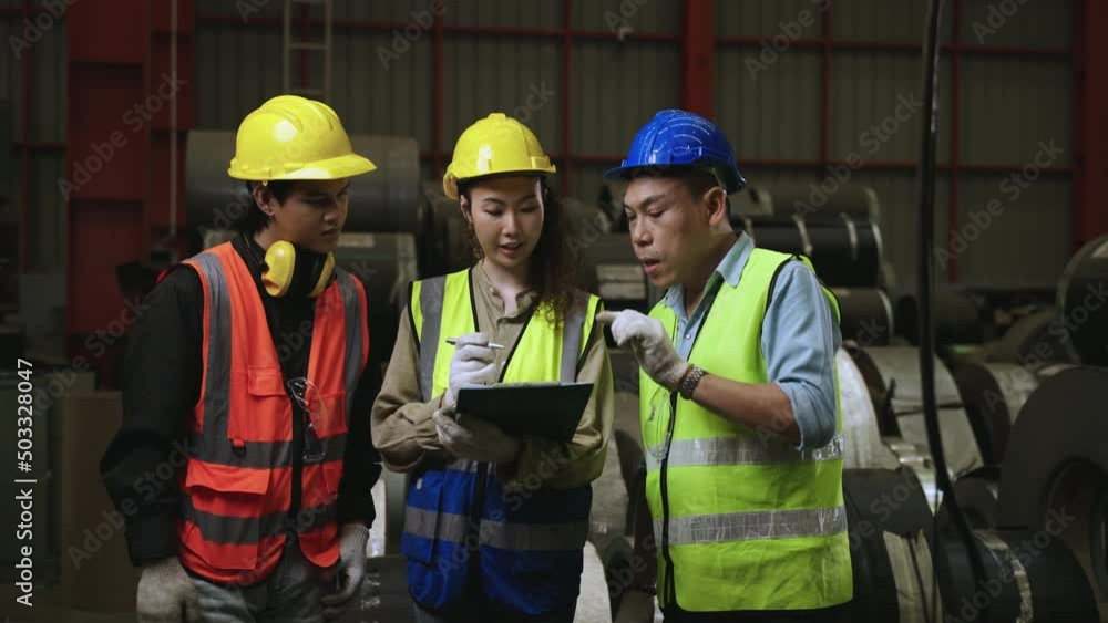 Group of professional Asian workers wearing safety hard hats holding ...