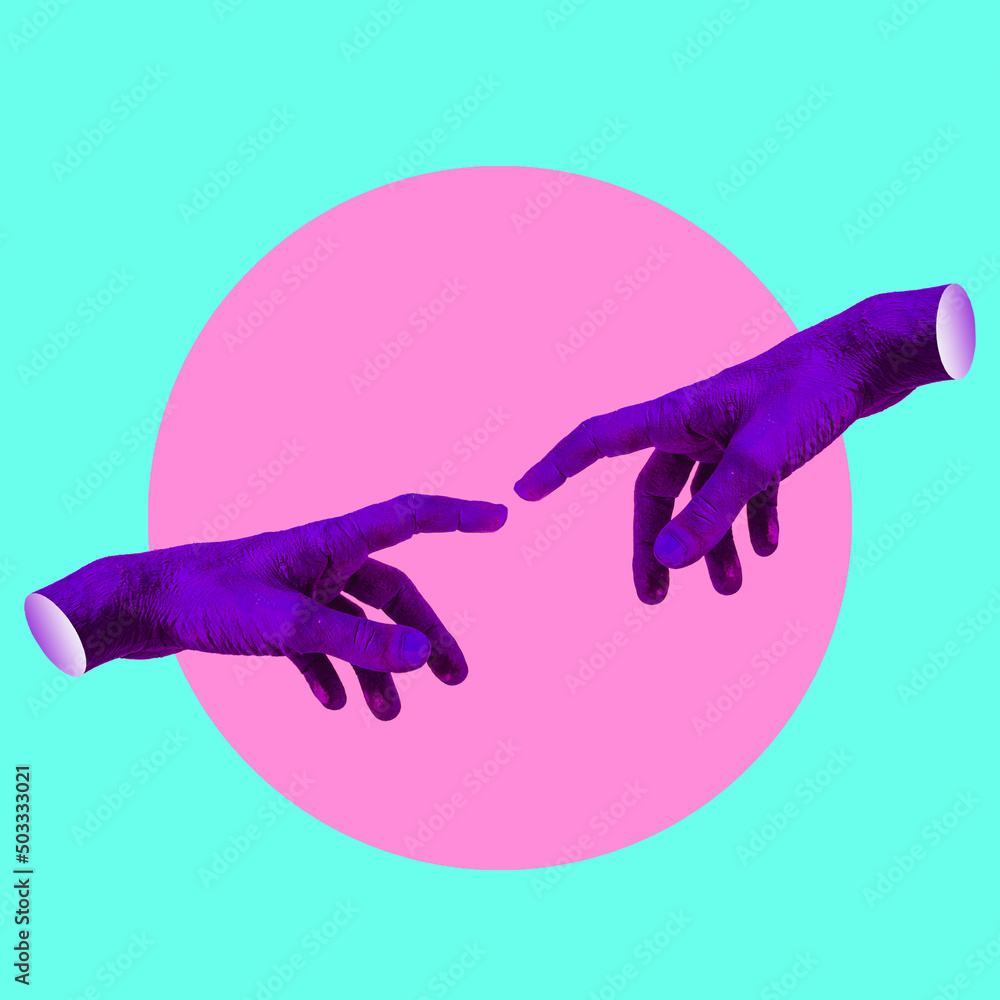 Bright painted purple hands touching by fingers in pink circle and ...