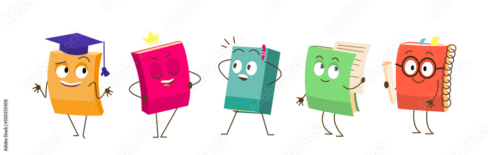 Funny cartoon book characters, mascots isolated on white background ...