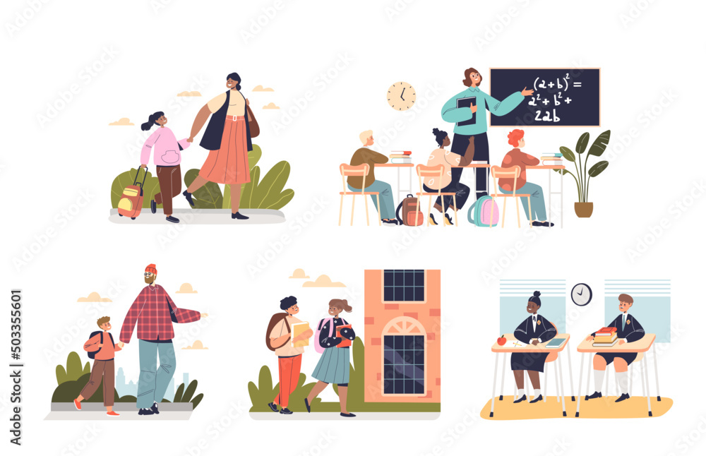 Schoolchildren set with school kids walking to school and in classroom ...