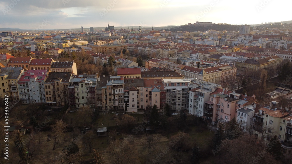 wide angle aerial panorama Brno city,The medieval Špilberk Castle ...