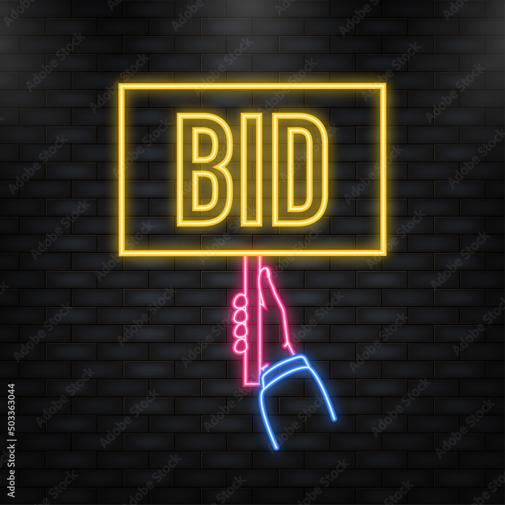 Vector illustration digital design with bid placard. Neon isolated ...