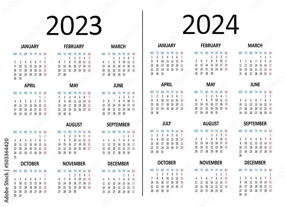 Calendar 2023 2024 years. Week starts on Monday. Vector illustration ...