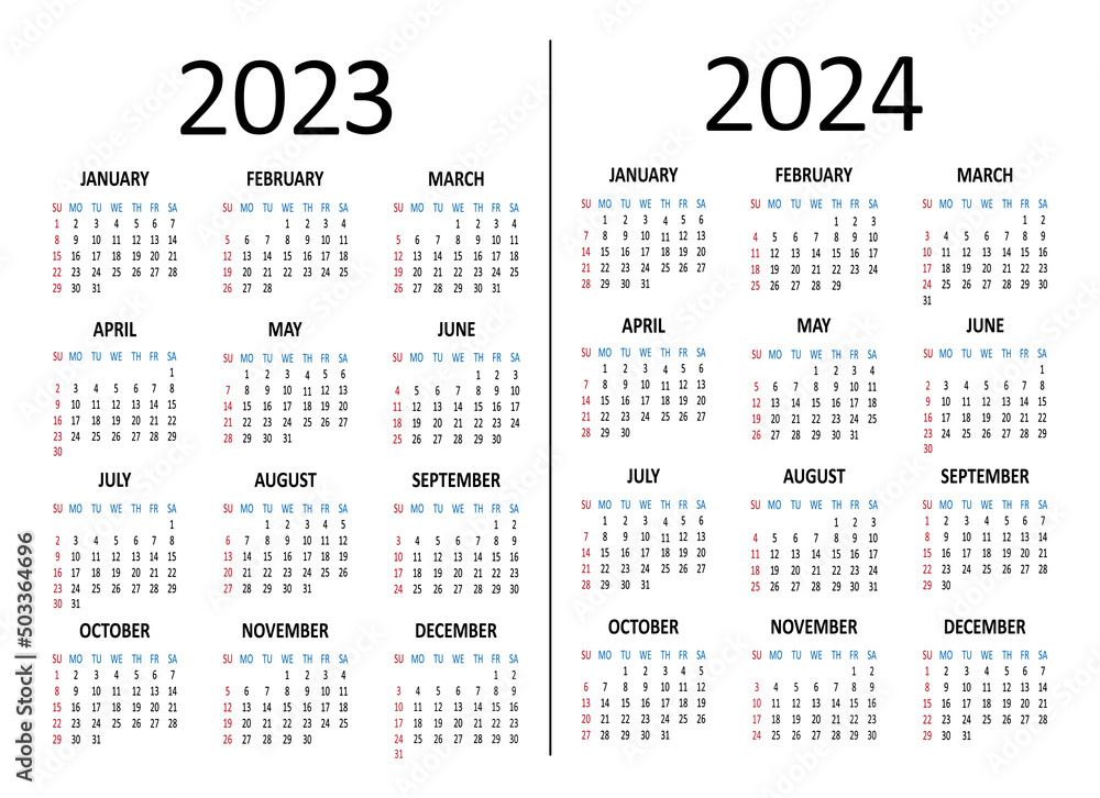 Vecteur Stock Calendar yearly 2023 2024. Week starts on Sunday. Vector illustration | Adobe Stock
