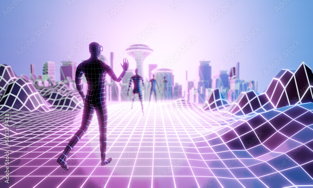 3D Wireframe human wear VR virtual reality headset with city background ...