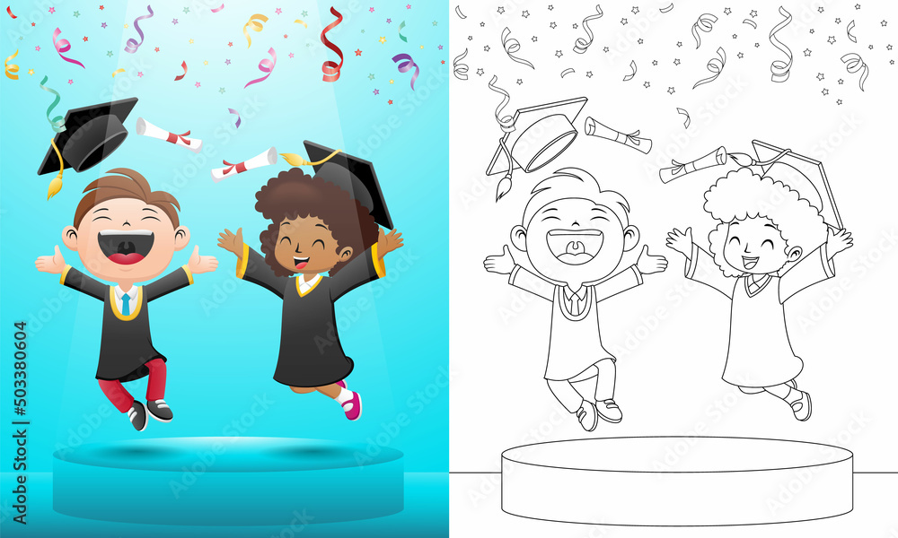 vector illustration of two happy kids jumping in graduation day Stock ...