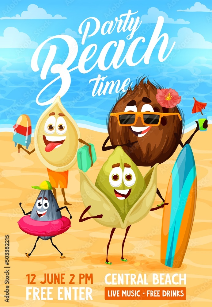 Beach party flyer with cheerful nut characters. Cartoon vector ...