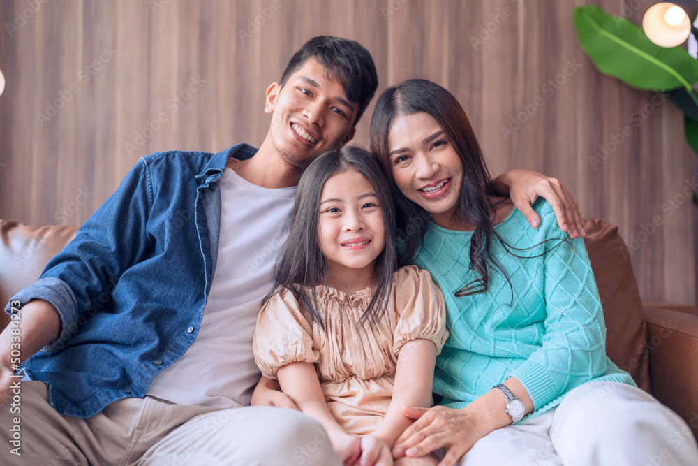 Hand hello gesture with cheerful smiling portrait asian parent and ...