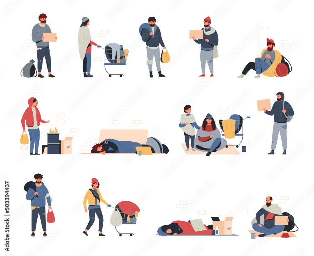 Poor people. Cartoon dirty distressed men women and kids begging for ...