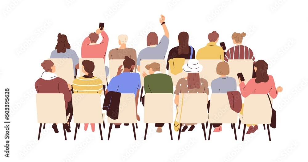 Audience back view. Behind people group sitting on chairs at seminar ...