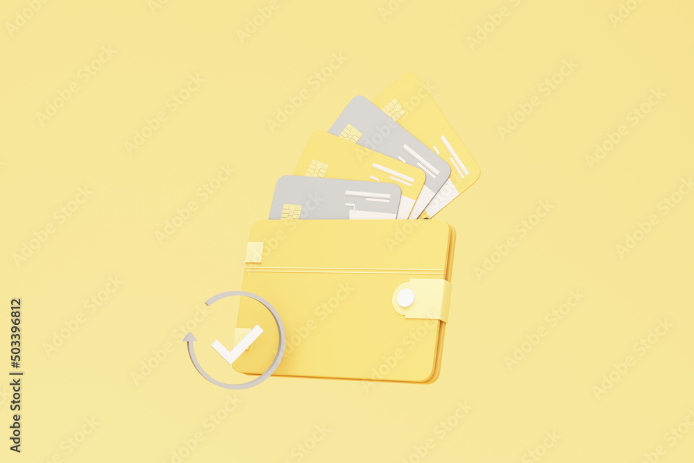 yellow Wallet and grey Credit card and symbol of successful transfer on ...