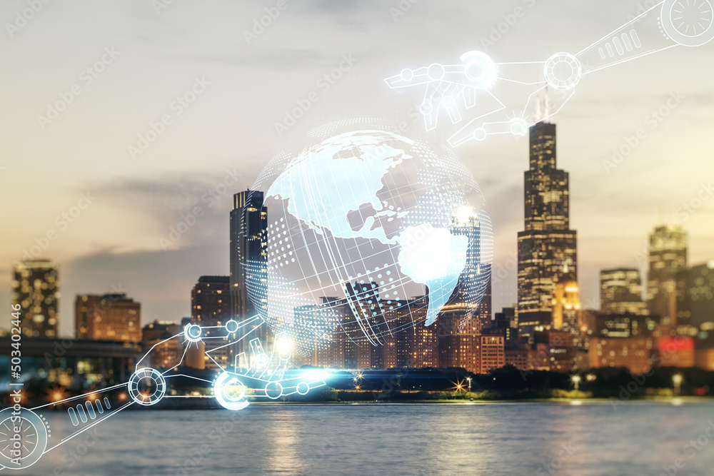 Abstract virtual robotics technology hologram with globe sketch on ...