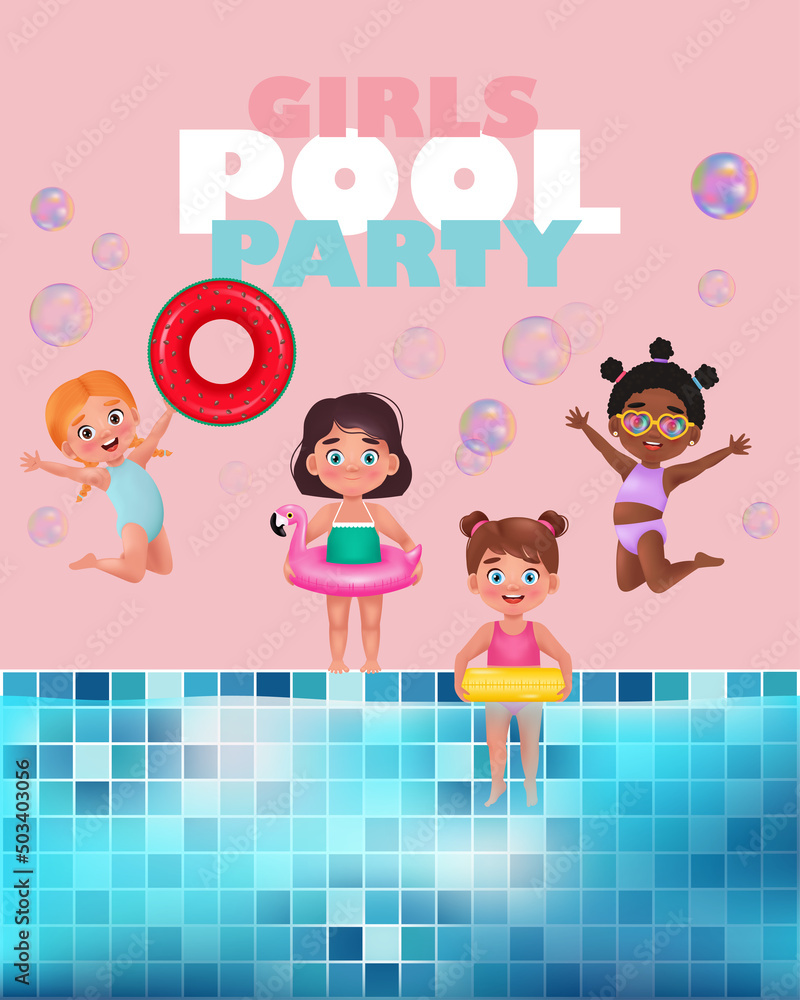Girls pool party. Cute Little girls swimming on the rubber ring. Vector ...