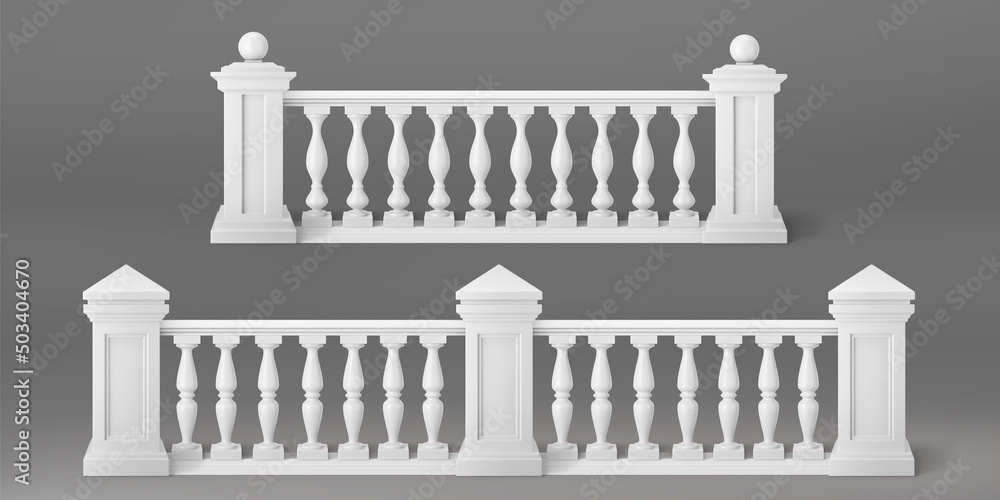White stone or marble balustrades with pillars, columns, balusters and ...
