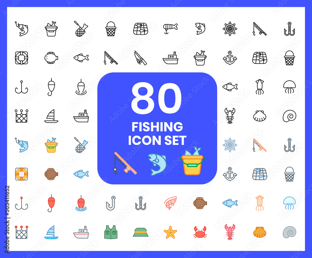 Collection of fishing linear icons and color icons. Fishing rods, crabs ...
