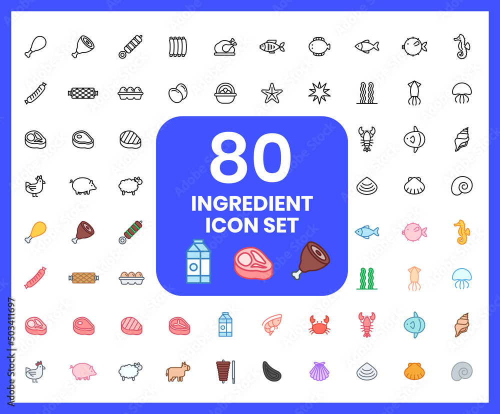 Collection of food and ingredient linear icons and color icons. meat ...