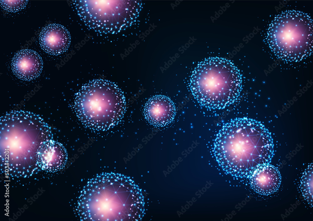Futuristic science background with glowing low polygonal spheres, atoms ...