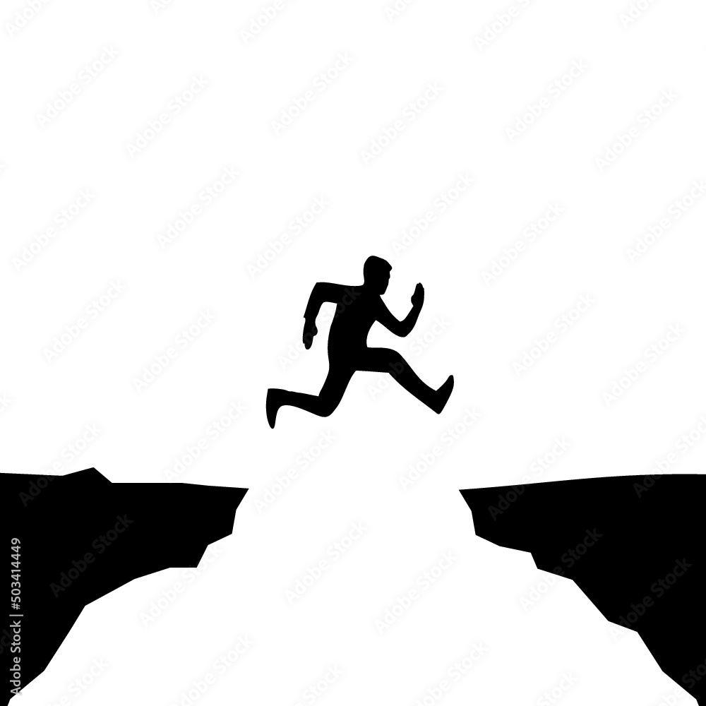 Courageous man jump over a gap from cliff icon isolated on white ...